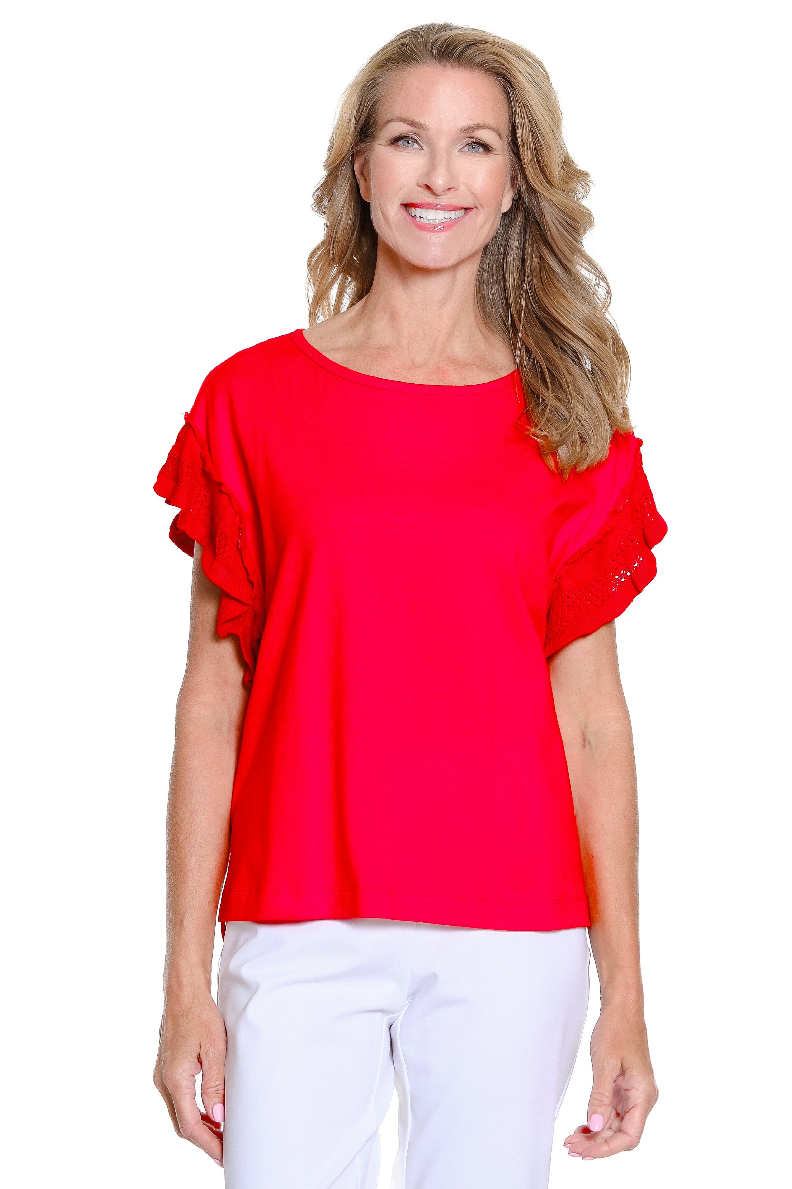 Solid Knit Top with Flutter Sleeves - Fiery Red – MultiplesClothingCompany-com