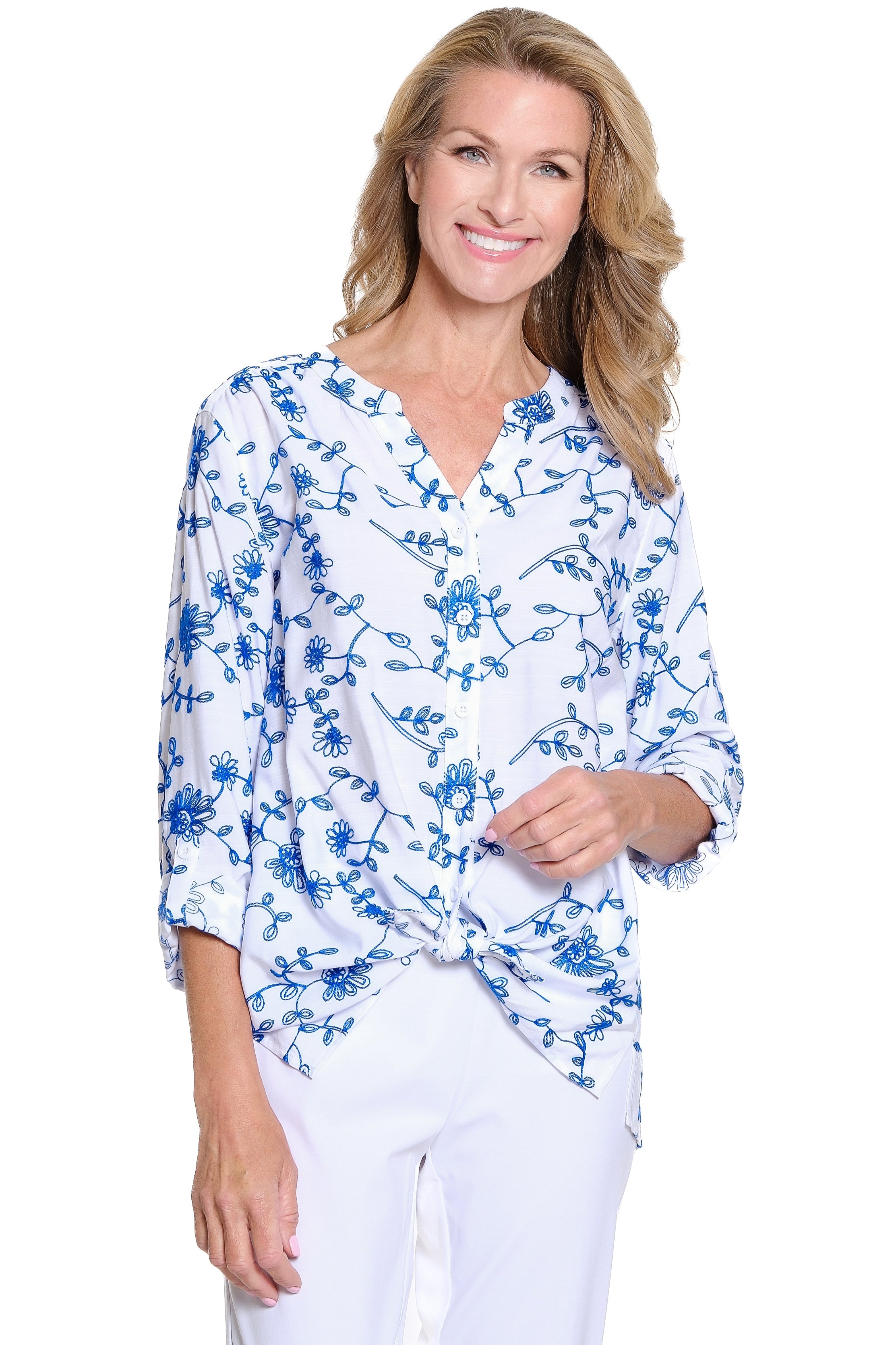 Crinkle Woven Embroidered Shirt - Bright Royal ...